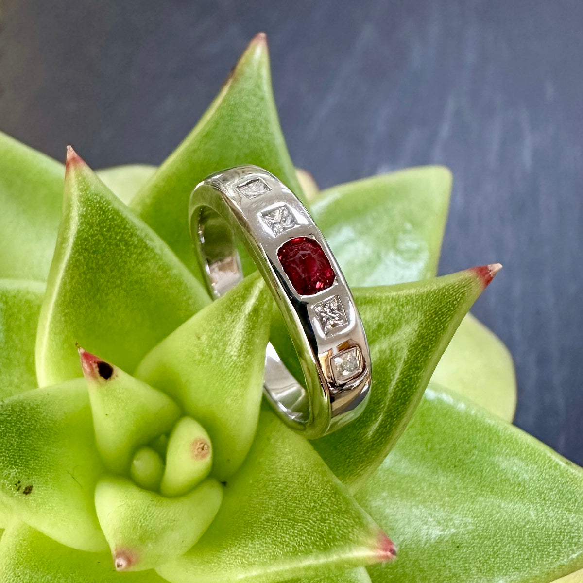 Palladium Ruby and Diamond ring – James Bishop Jewellery